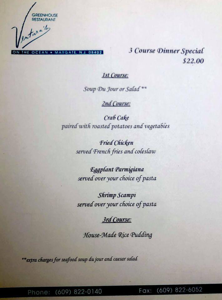 Menu at Ventura's Greenhouse Restaurant, Margate City