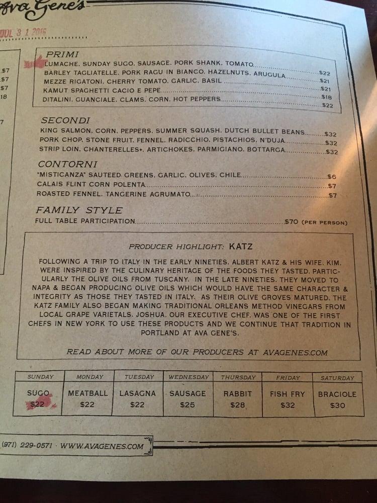 Menu at Ava Gene's restaurant, Portland