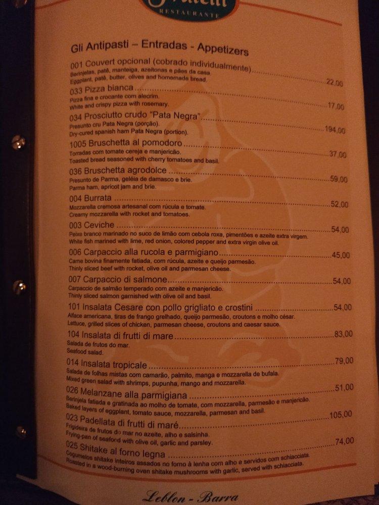 Menu em Fratelli restaurante, Rio de Janeiro, Av. Lúcio Costa