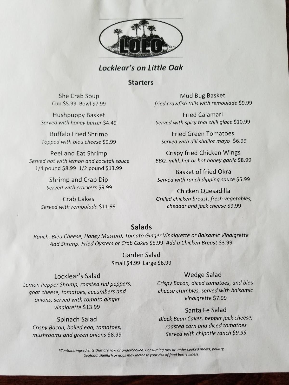 Menu at LoLo's restaurant, Charleston, Folly Rd