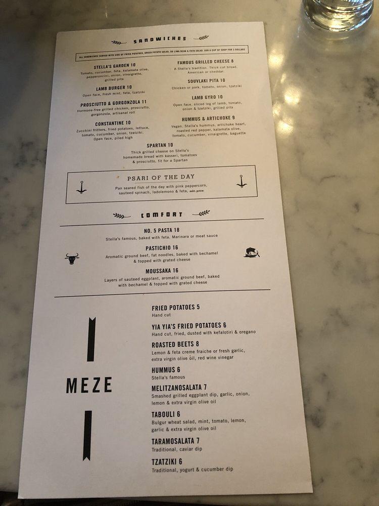 Menu at Stella's restaurant, Charleston, 114 St Philip St A