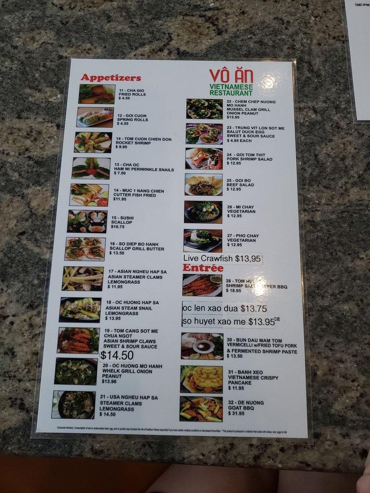 Menu at Vo An Vietnamese restaurant, Margate