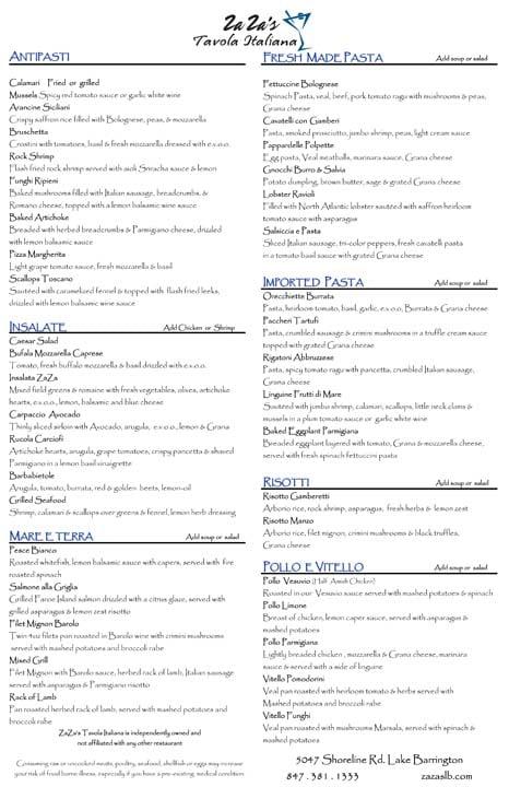 Menu at Za Za's Tavola Italiana pub & bar, Lake Barrington