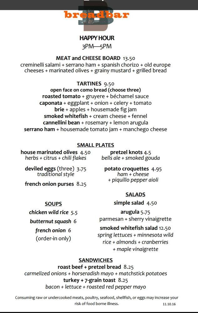 Menu at bread+bar, Benton Harbor