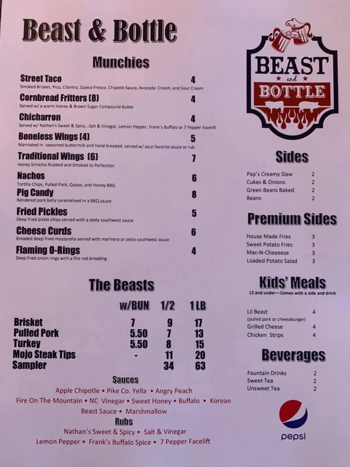 Menu at Beast and Bottle BBQ, Waverly