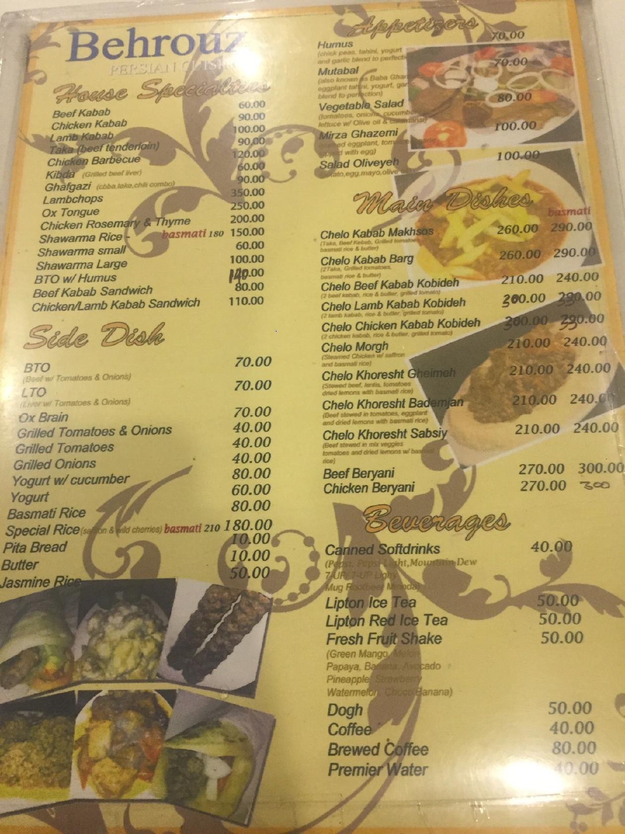 Menu at Behrouz Persian Cuisine restaurant, Quezon City, 50 Sct. Tobias St