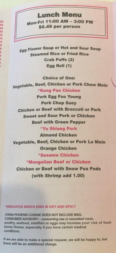 Menu at China Phoenix Restaurant, Tucson