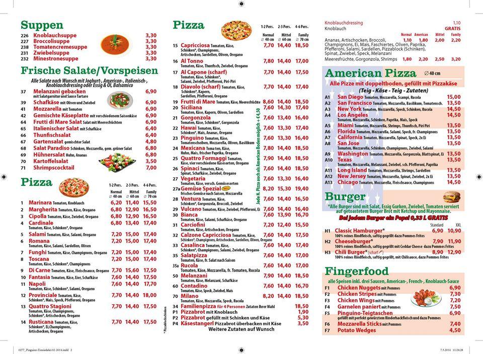 Menu at Pizzeria Pinguino, Vienna, Einsiedeleigasse 7