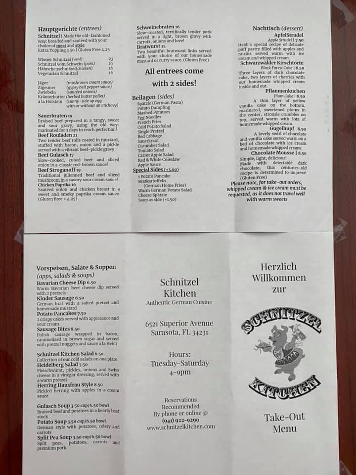 Menu at Heidi’s Schnitzel Kitchen restaurant, Sarasota