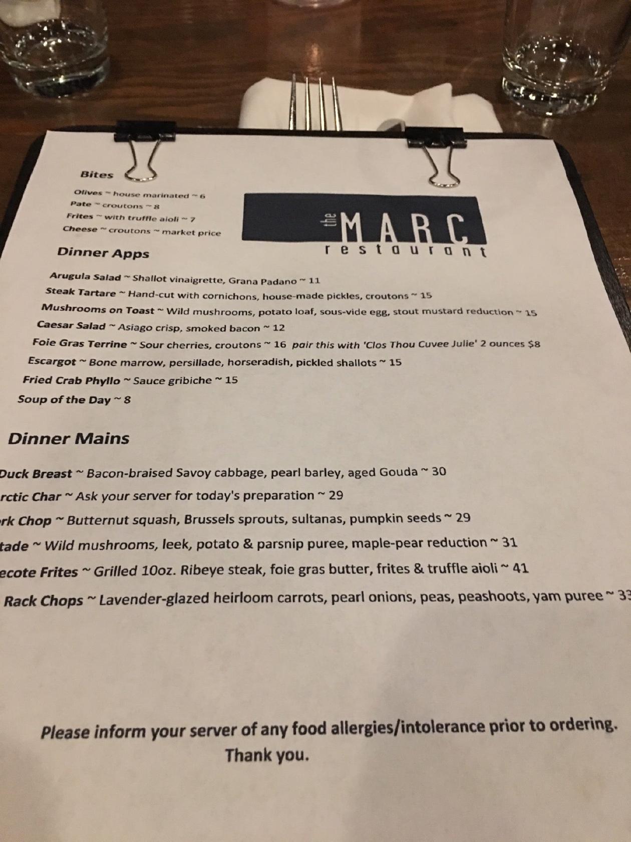 Carta del restaurante The Marc, Edmonton