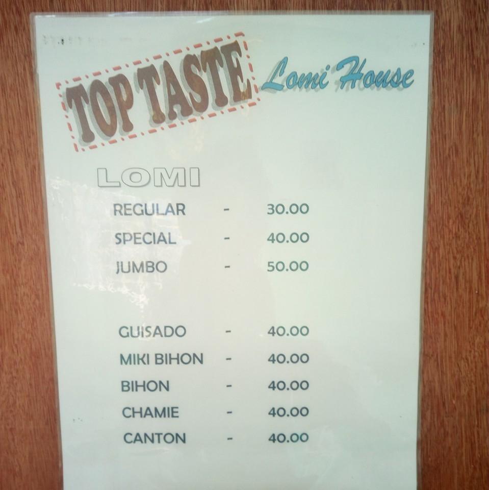Menu at Top Taste Lomi House restaurant, Batangas