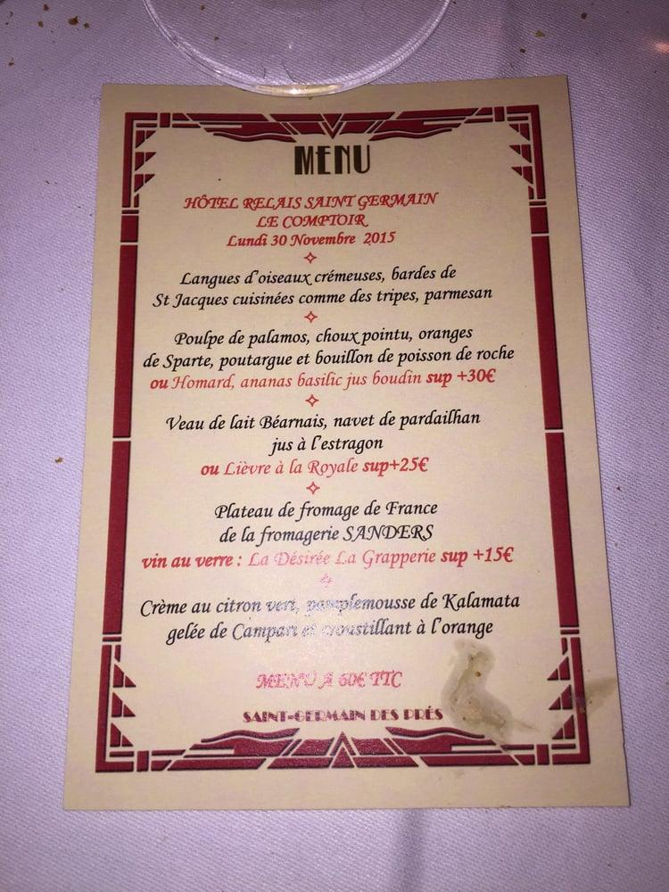 Menu at Le comptoir du Relais restaurant, Paris, 9 Carr de l'Odéon