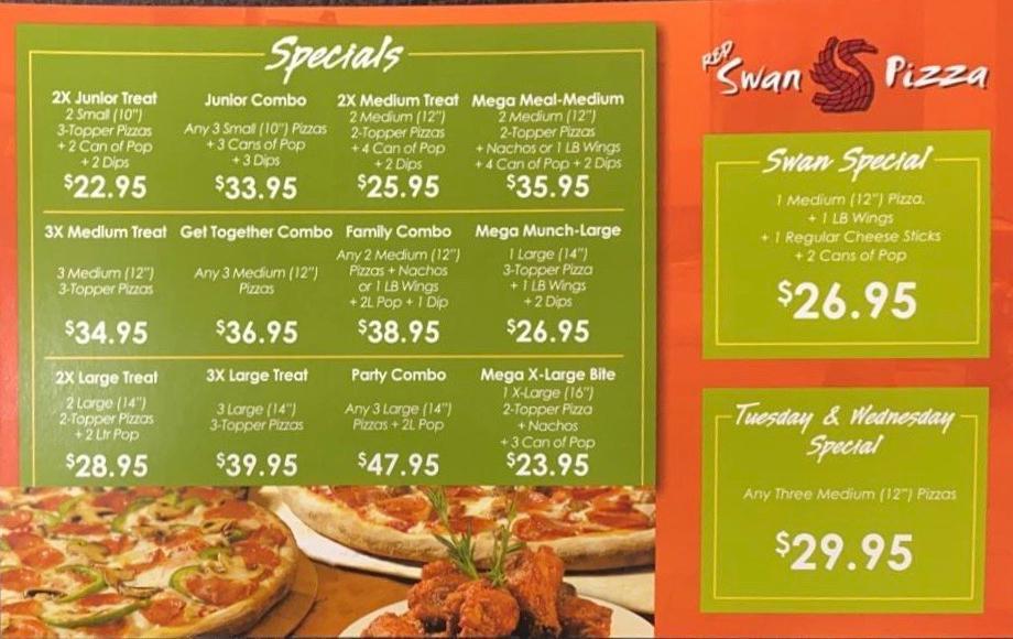 Menu at Red Swan Pizza restaurant, Estevan