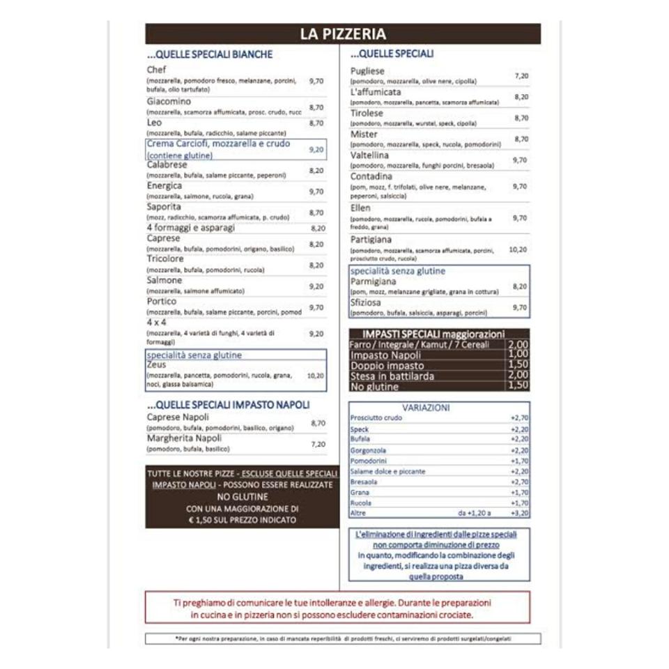 Menu da Ristorante Pizzeria Il Portico, Cesena