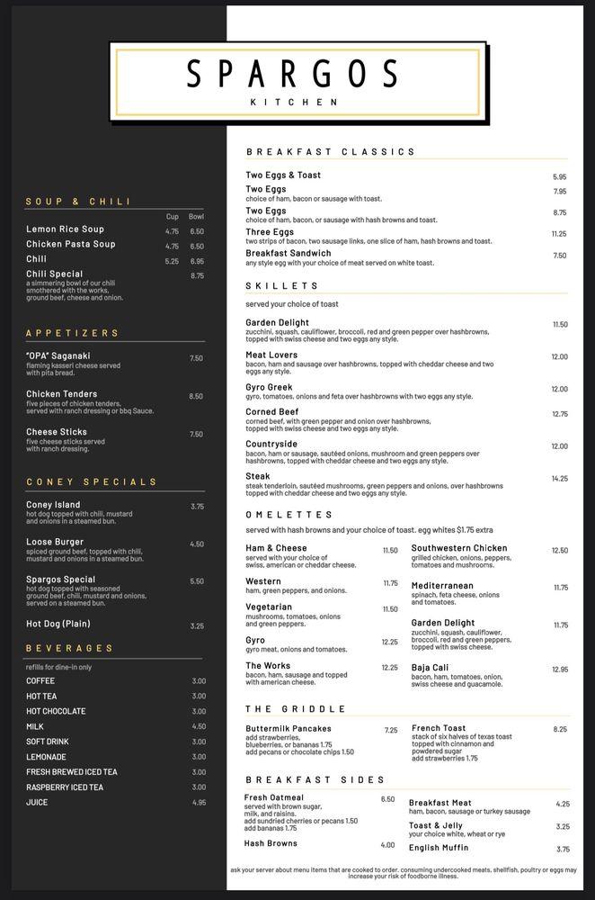 Menu at Spargo's restaurant, Auburn Hills