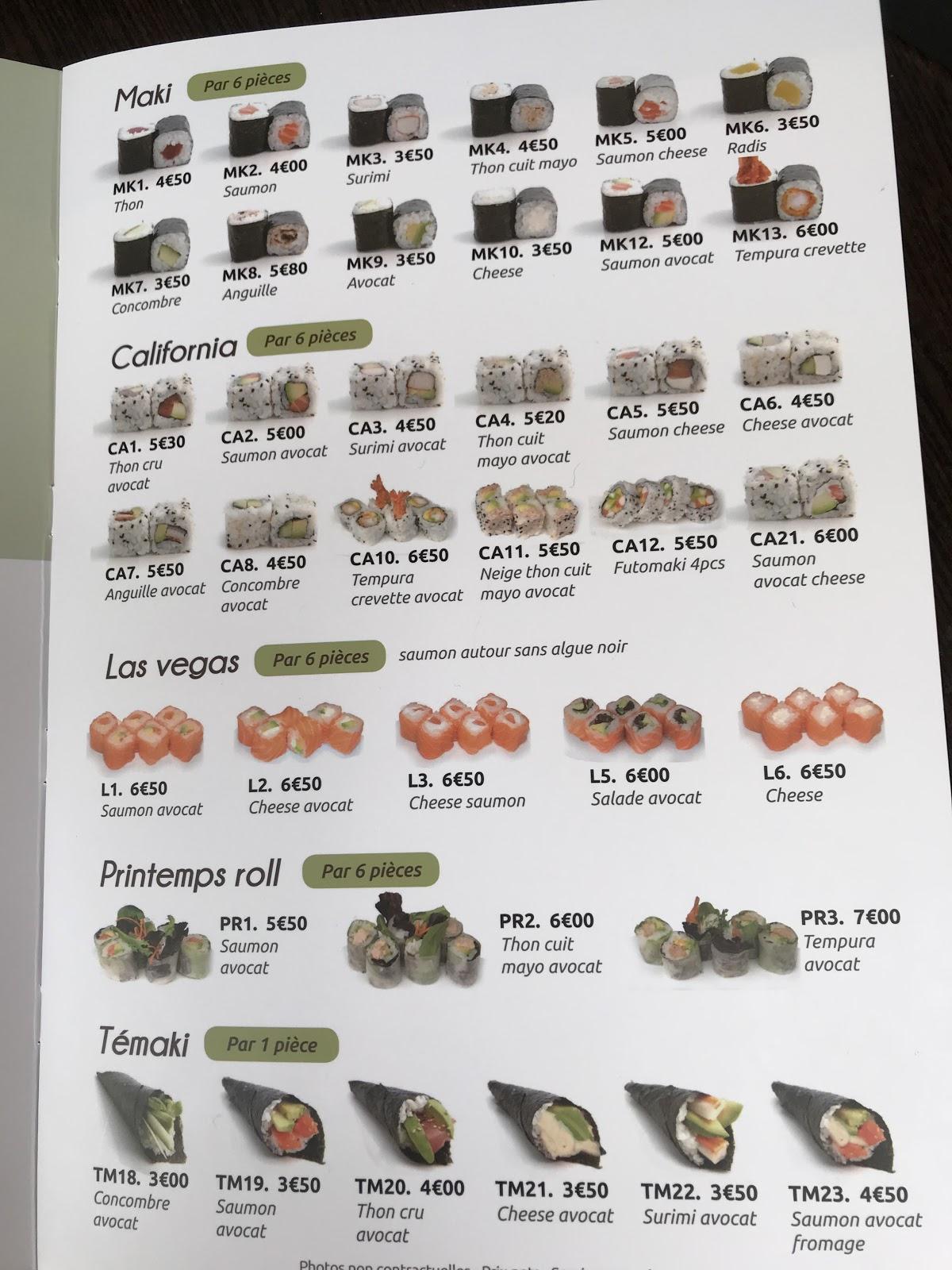 Menu at TA Sushi restaurant, Paris, 7 Rue Marie Stuart