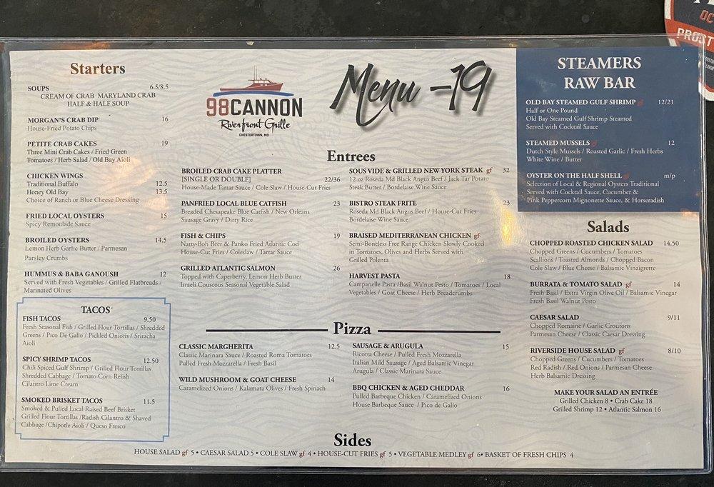 Menu at 98 Cannon Riverfront Grille pub & bar, Chestertown