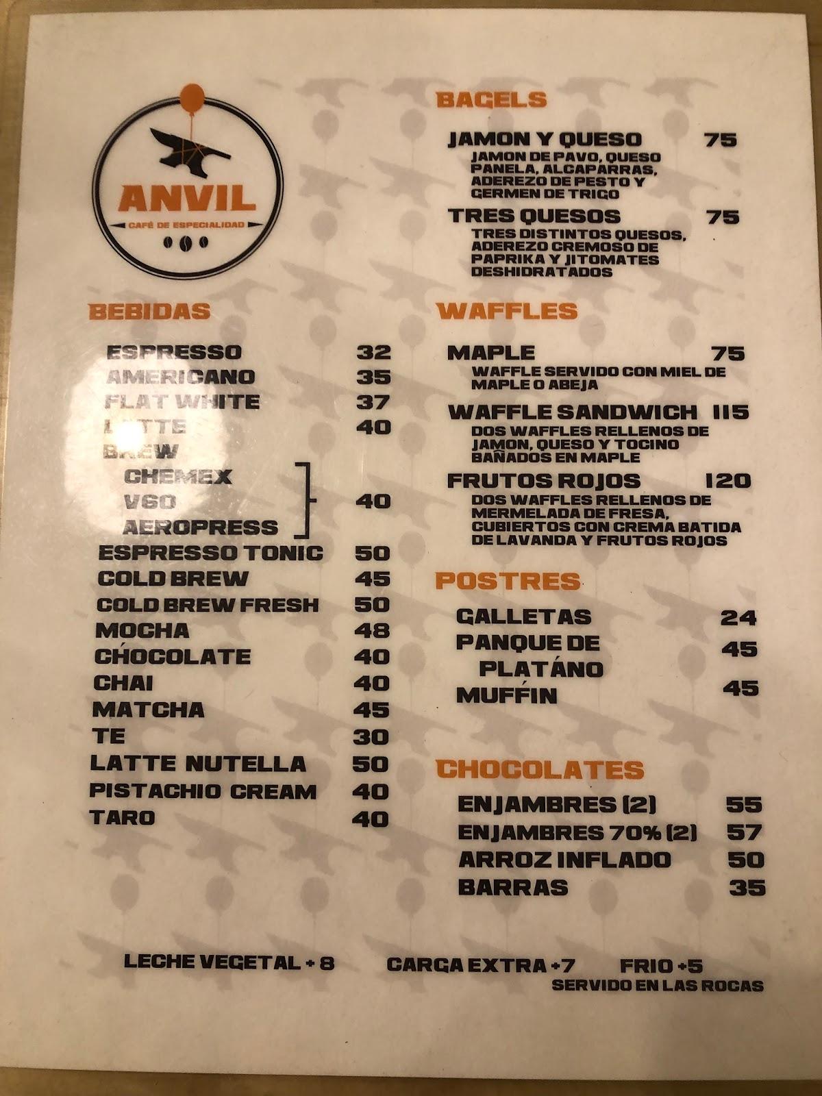 Carta de Anvil Café de especialidad, Ciudad de México