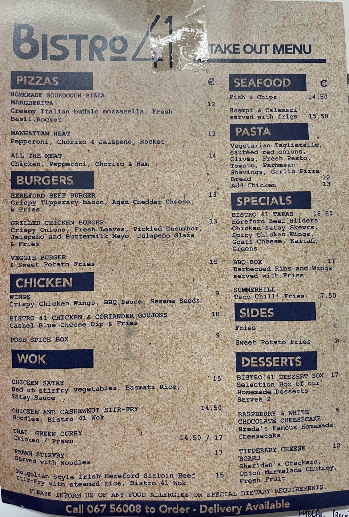 Menu at Bistro 41 restaurant, Nenagh