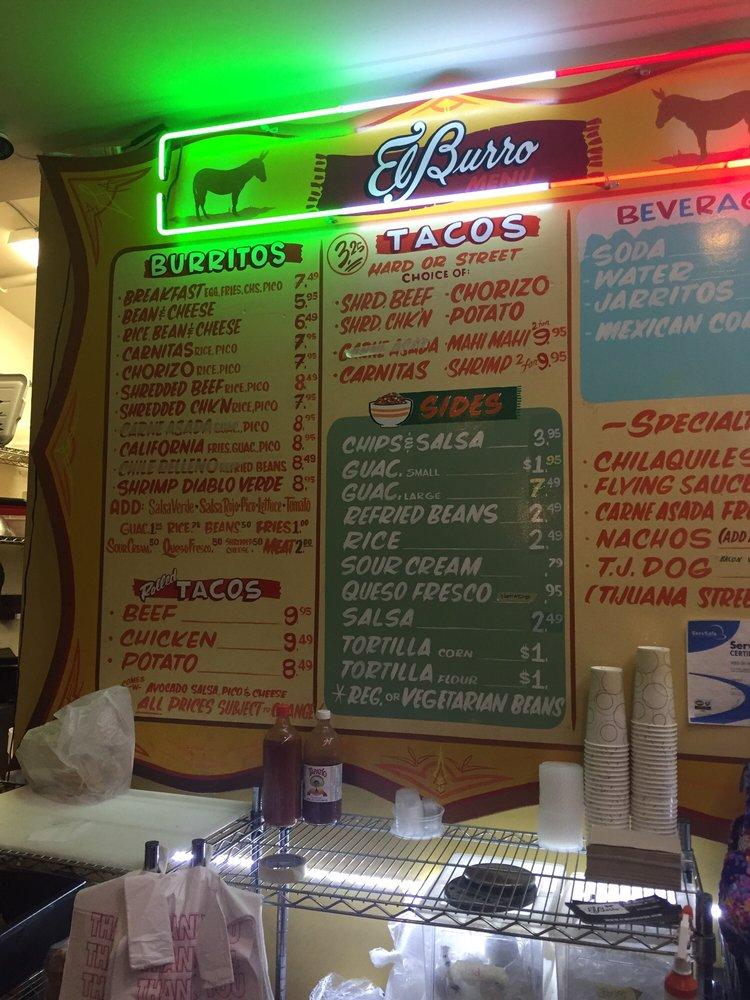 Menu at El Burro Uno restaurant, Pittsburgh, Federal St