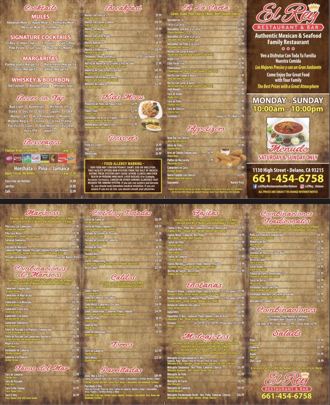 Menu at El Rey Restaurant and Bar, Delano