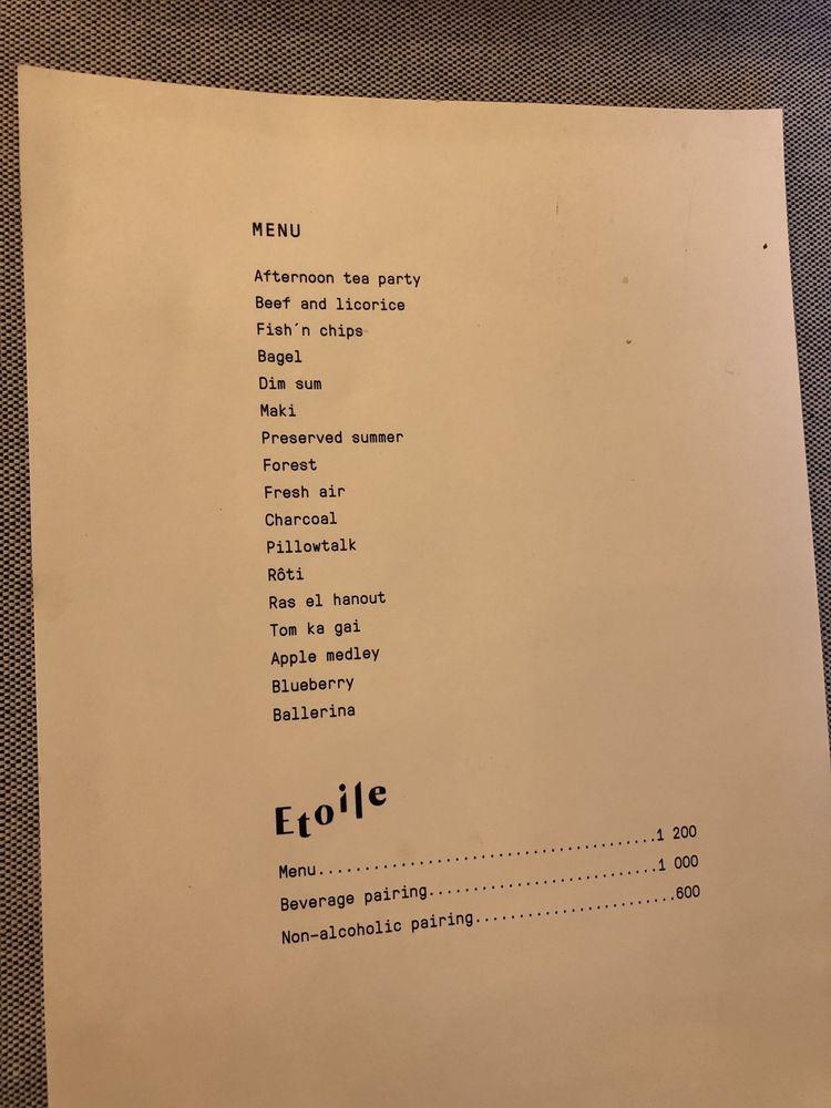 Menu at Etoile restaurant, Stockholm