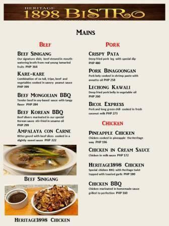Menu at Heritage1898 Bistro restaurant, Parañaque