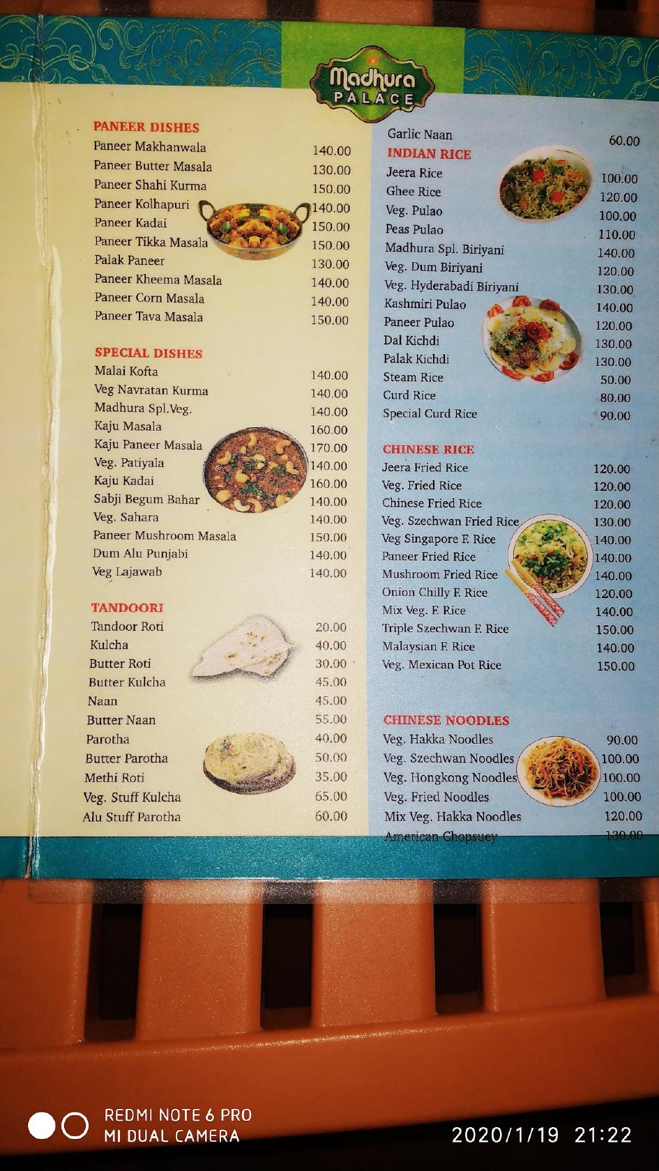 Menu at Hotel Madhura Palace, Dharwad