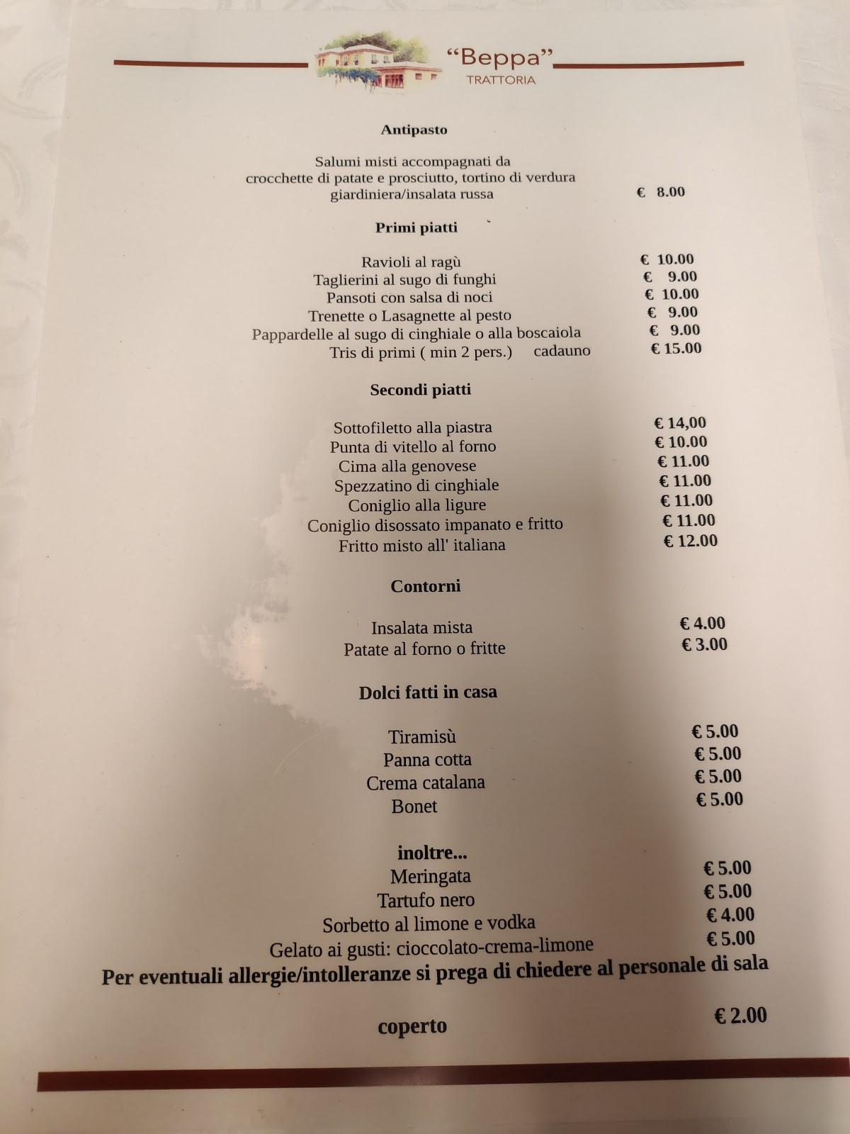 Menu da Trattoria Beppa ristorante, Carasco, Via Antonio Mosto