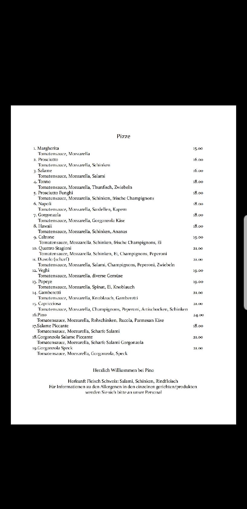 Menu at Pizzeria da Pino, Neftenbach