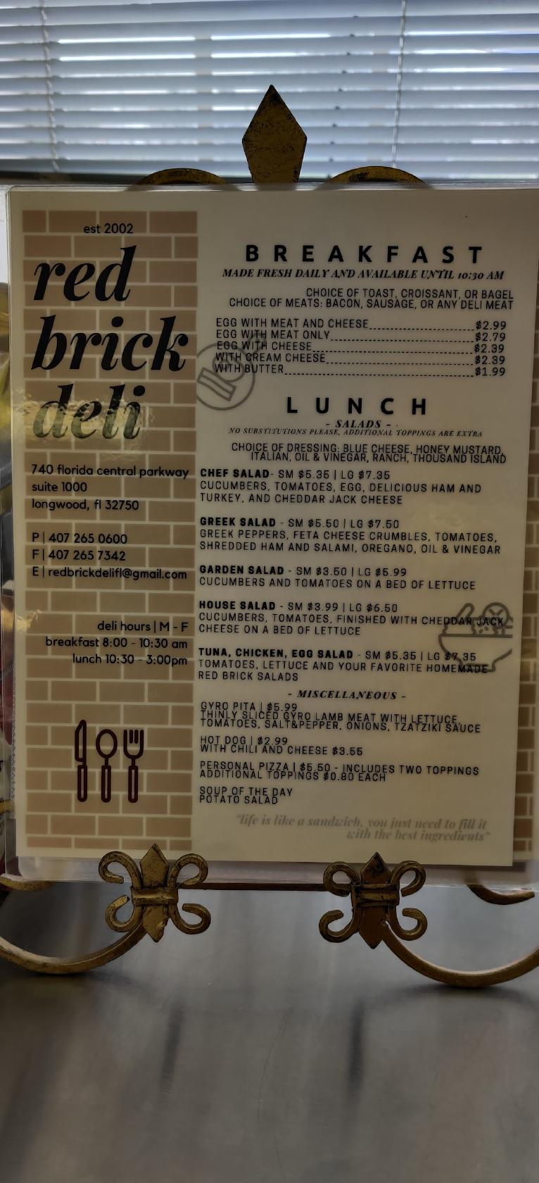 Menu at Red Brick Deli, Longwood, 740 Florida Central Pkwy #1000