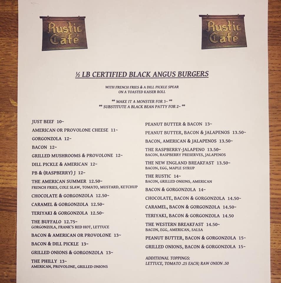 Menu at Rustic Café pub & bar, East Lyme, 516 Boston Post Rd