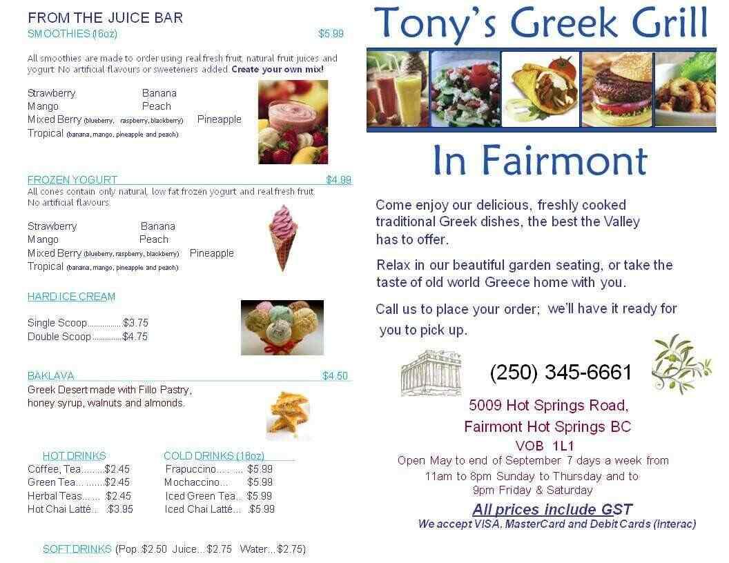 Menu at Barpa Bill's at Tony's Greek Grill, Fairmont Hot Springs