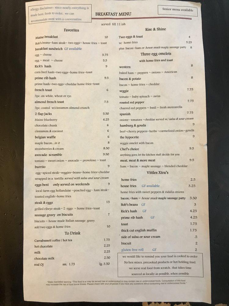 Menu at Vittles restaurant, Pittsfield