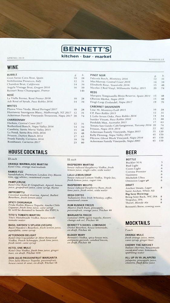 Menu at Bennett's Kitchen Bar Market, Roseville
