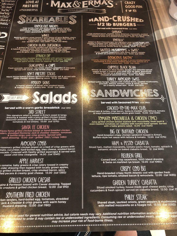 Menu at Max & Erma's restaurant, Detroit, 1 Detroit Metro Airport ...