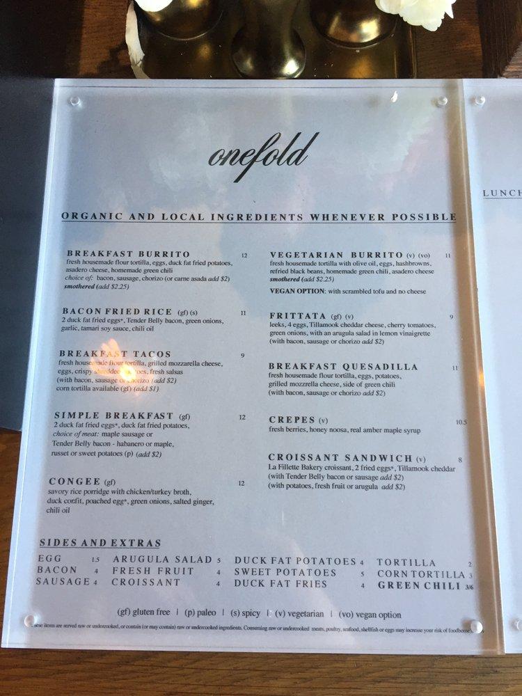 Menu at Onefold cafe, Denver, E 18th Ave