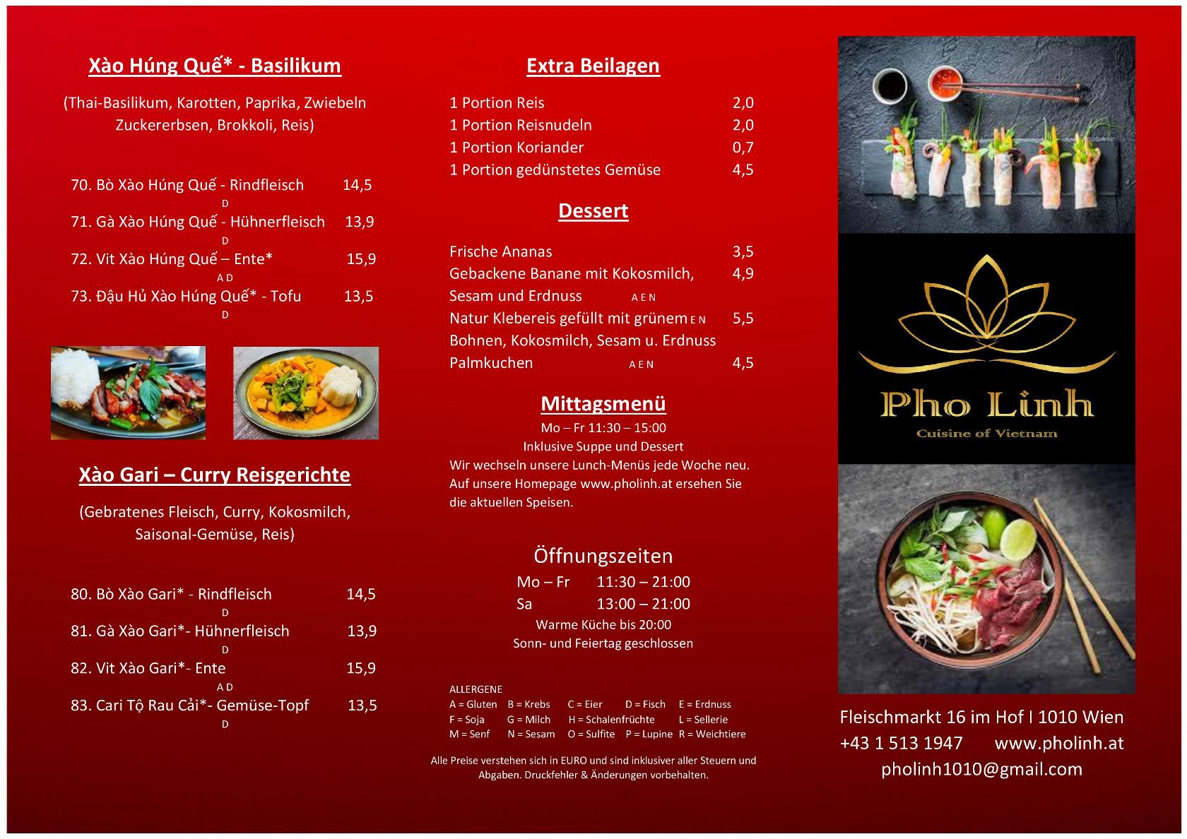 Menu at Pho Linh restaurant, Vienna