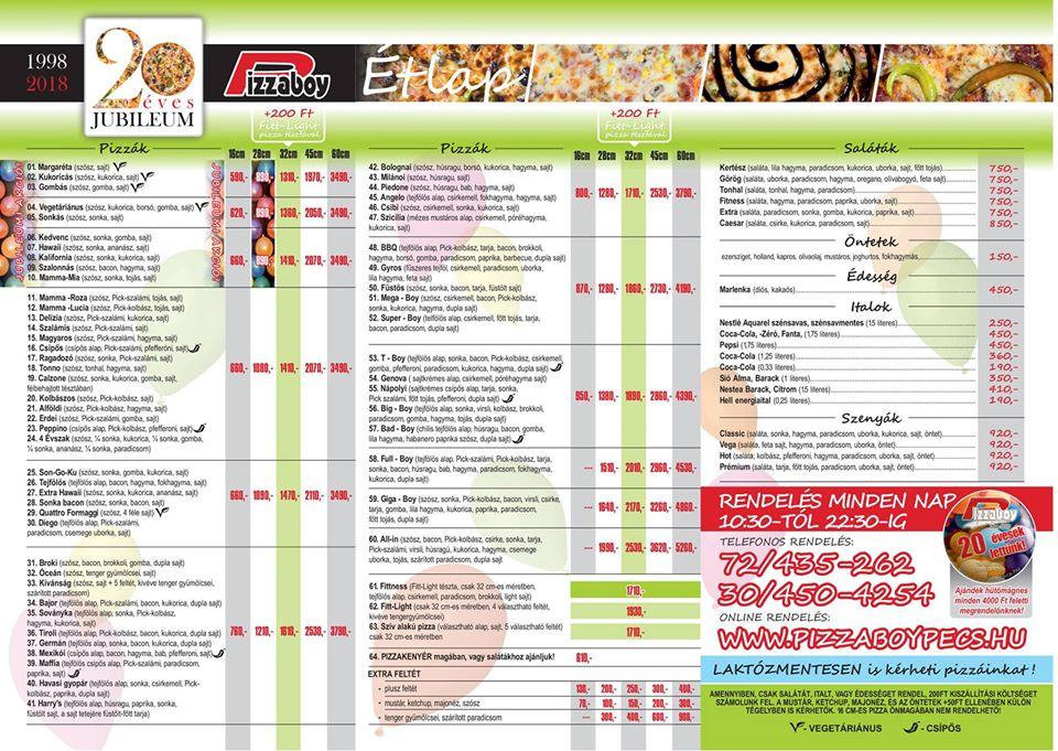 Menu at Pizzaboy restaurant, Pécs