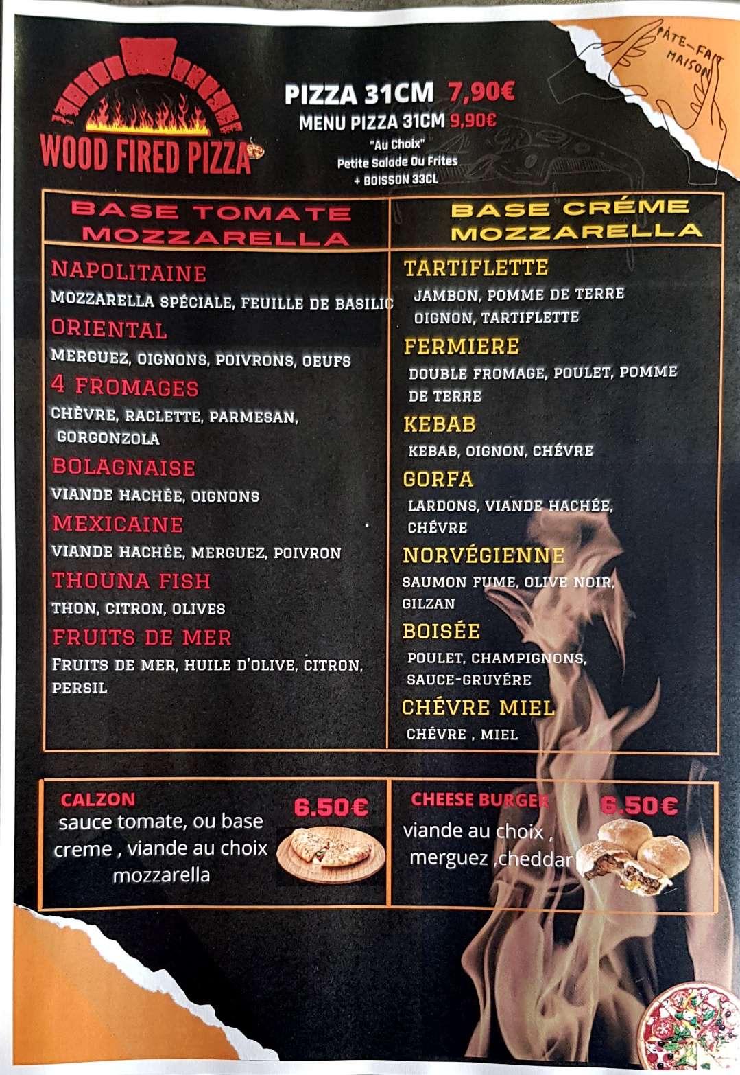 Carta del restaurante wood fired pizza, Montceau-les-Mines