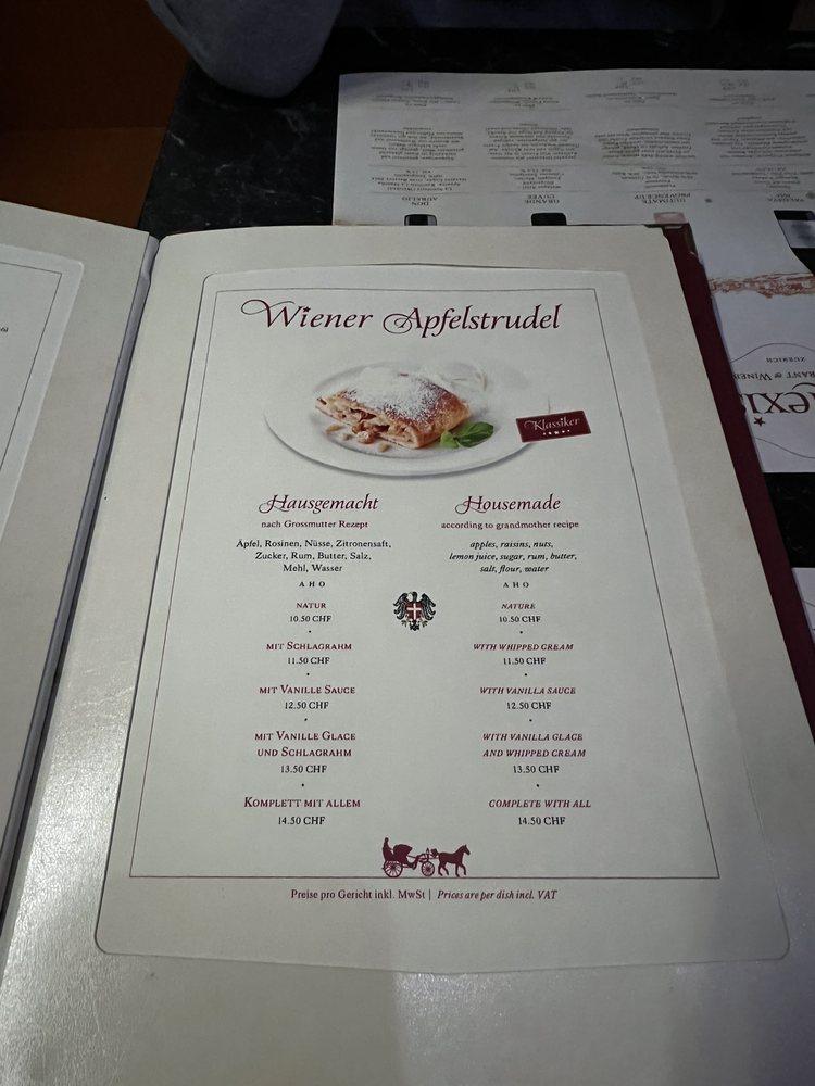 Menu at Alexi's, Zürich