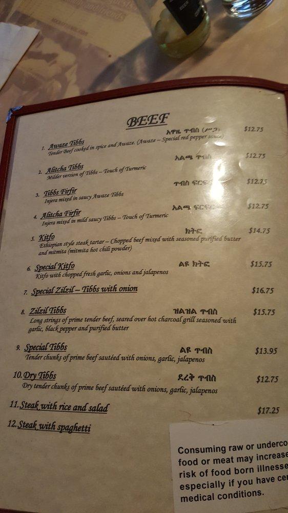 Menu at Awash restaurant, Los Angeles