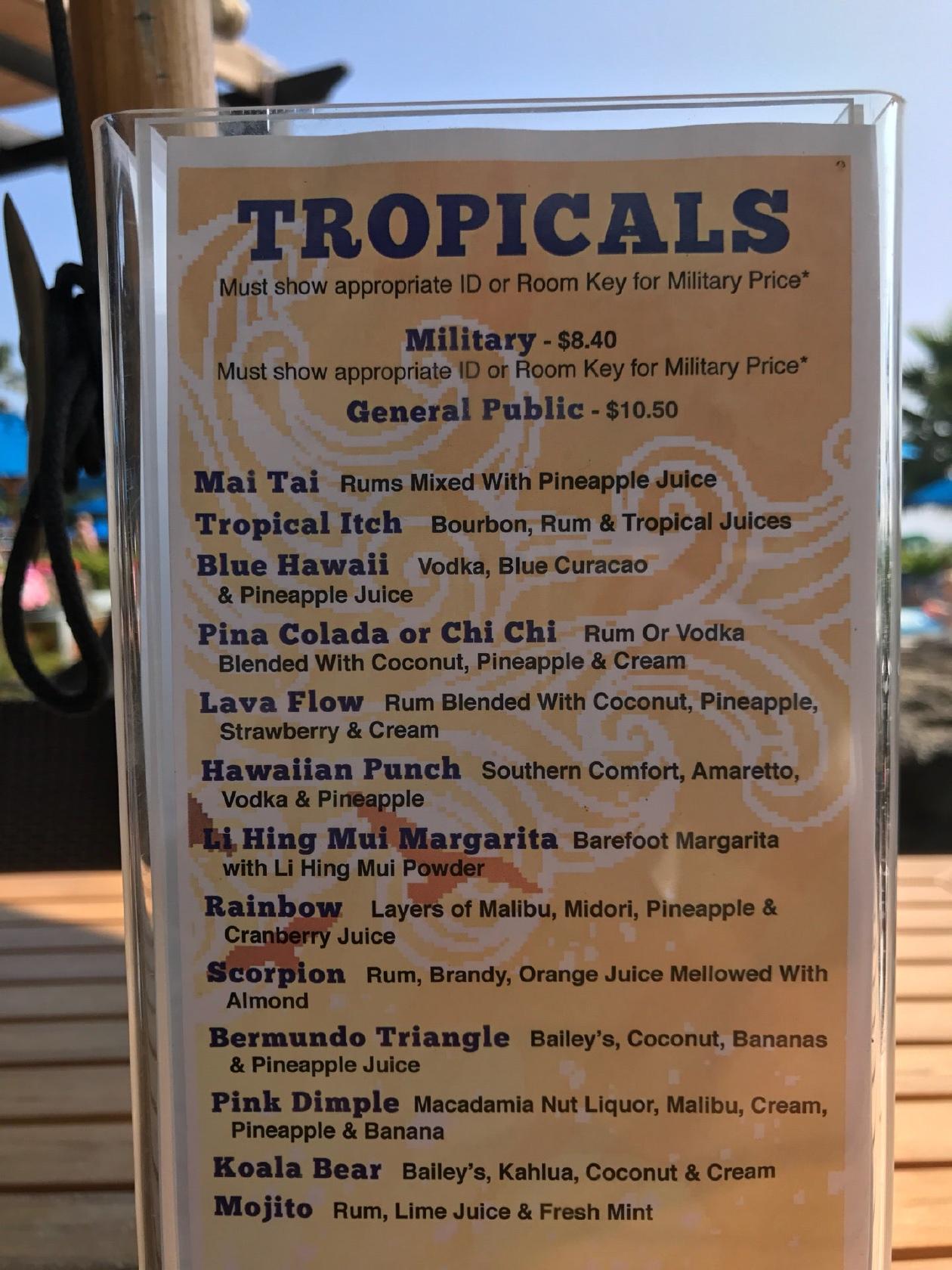Menu at Hale Koa Barefoot Beach Bar, Honolulu, Kālia Rd