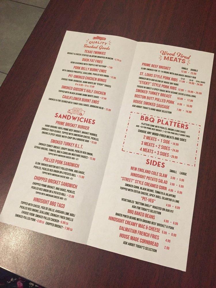 Menu at Hindsight BBQ, Waterbury
