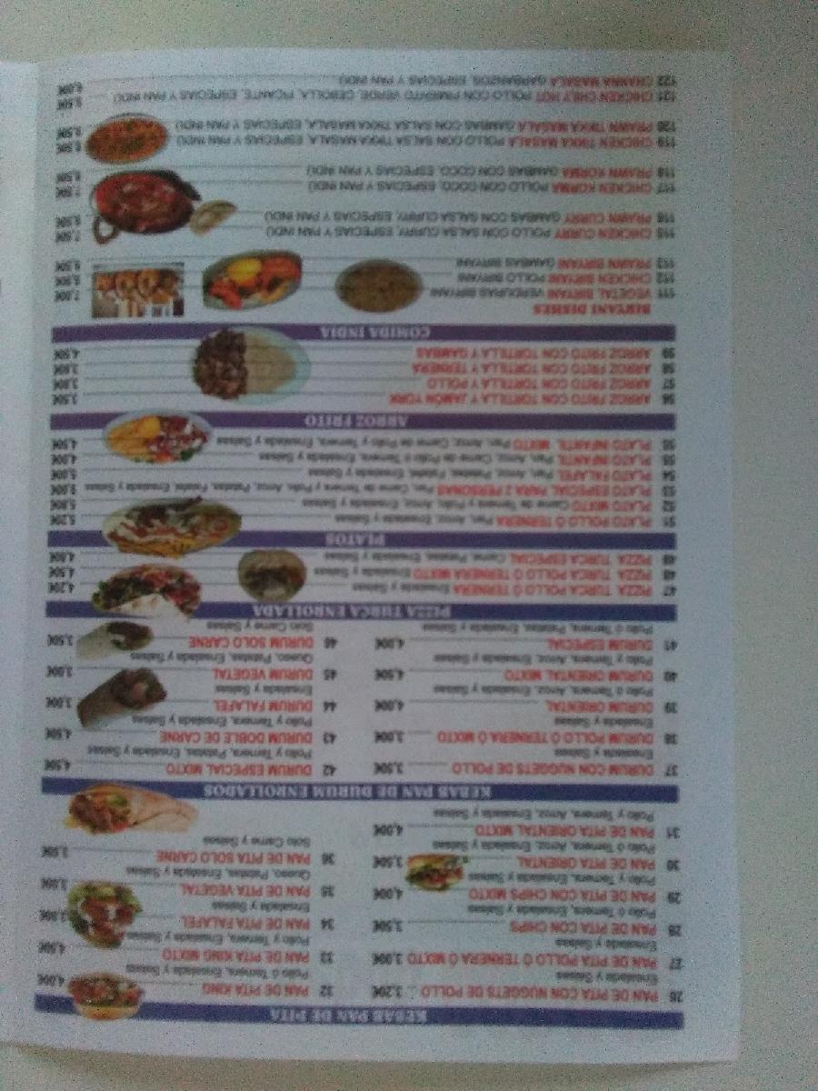 Carta del restaurante Kebab Corner, San Vicente del Raspeig