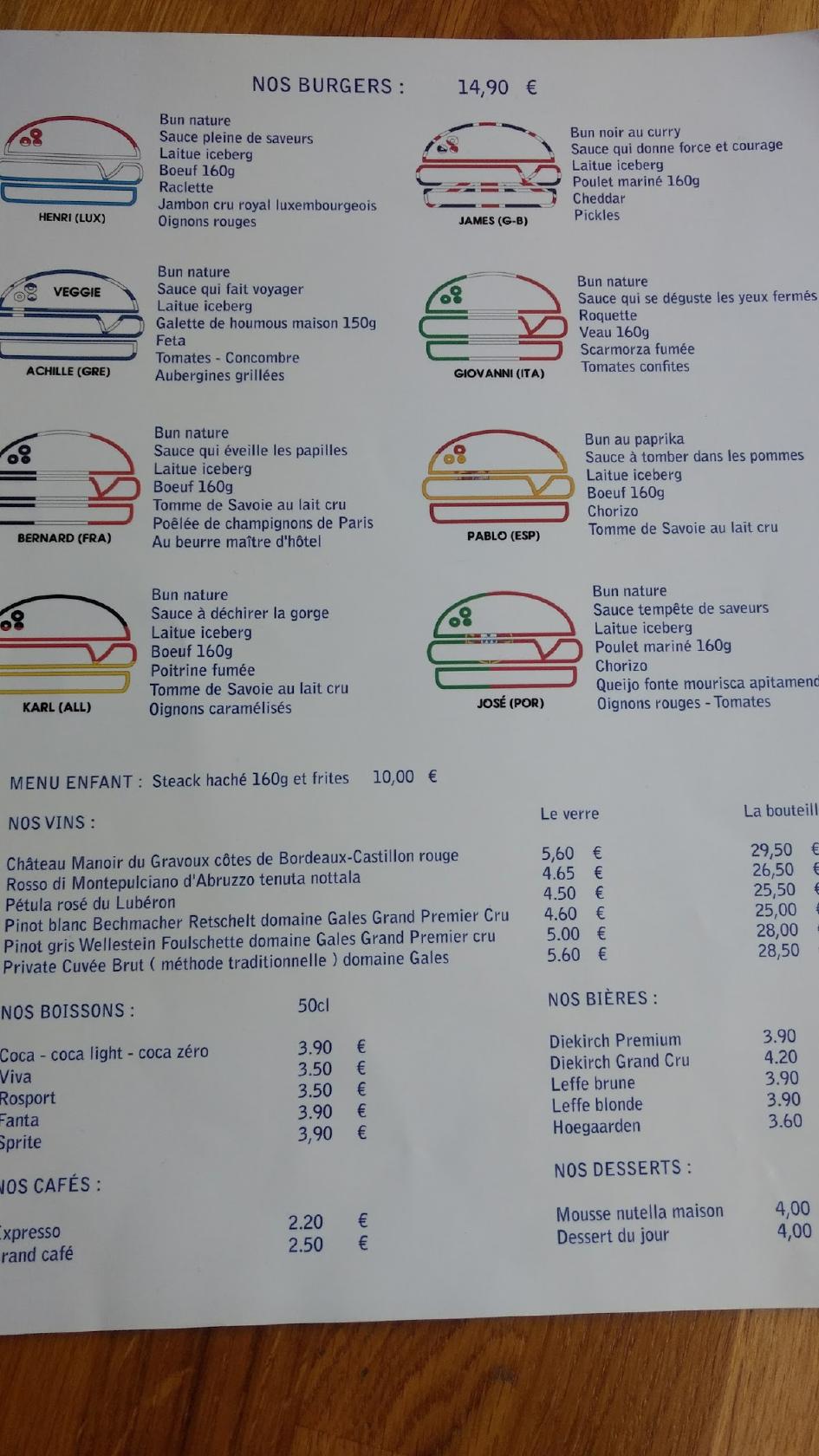 Menu at Lux'burgers restaurant, Luxembourg City