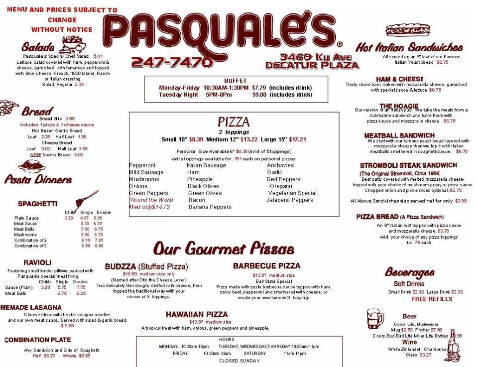 Menu at Pasquales pizzeria, Indianapolis, Kentucky Ave
