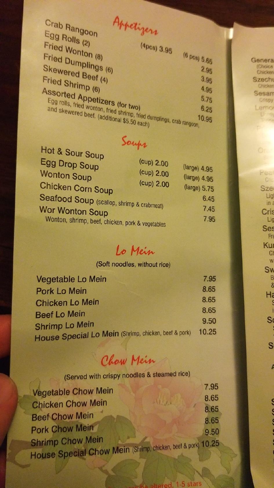 Menu at Peony Chinese Restaurant, Jefferson