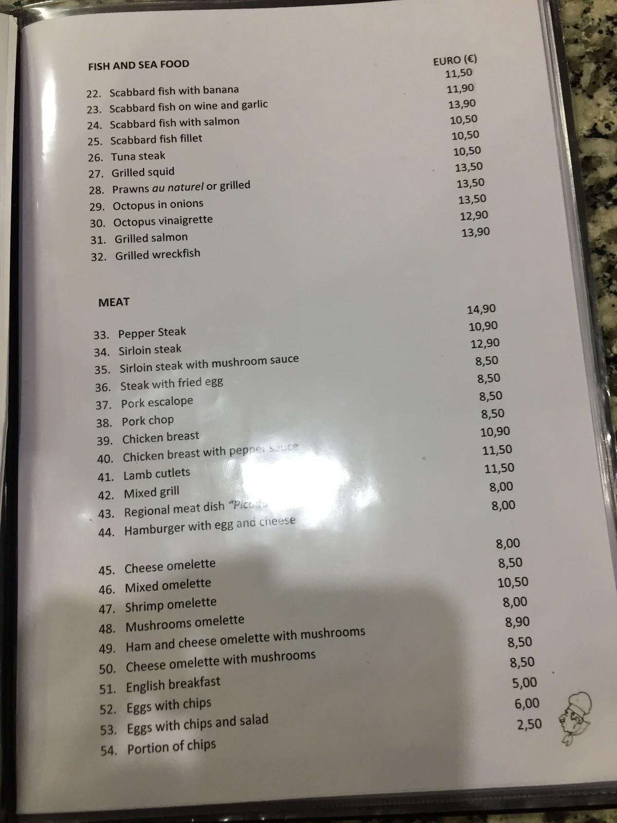 Menu at Rubi's Snack Bar, Funchal