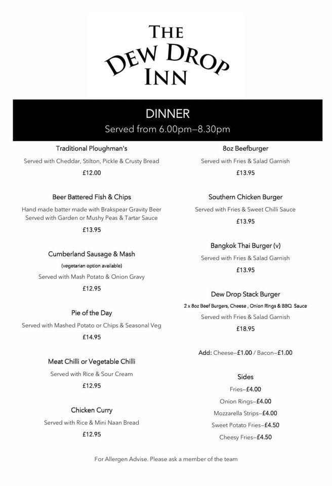 Menu at The Dew Drop Inn pub & bar, Hurley
